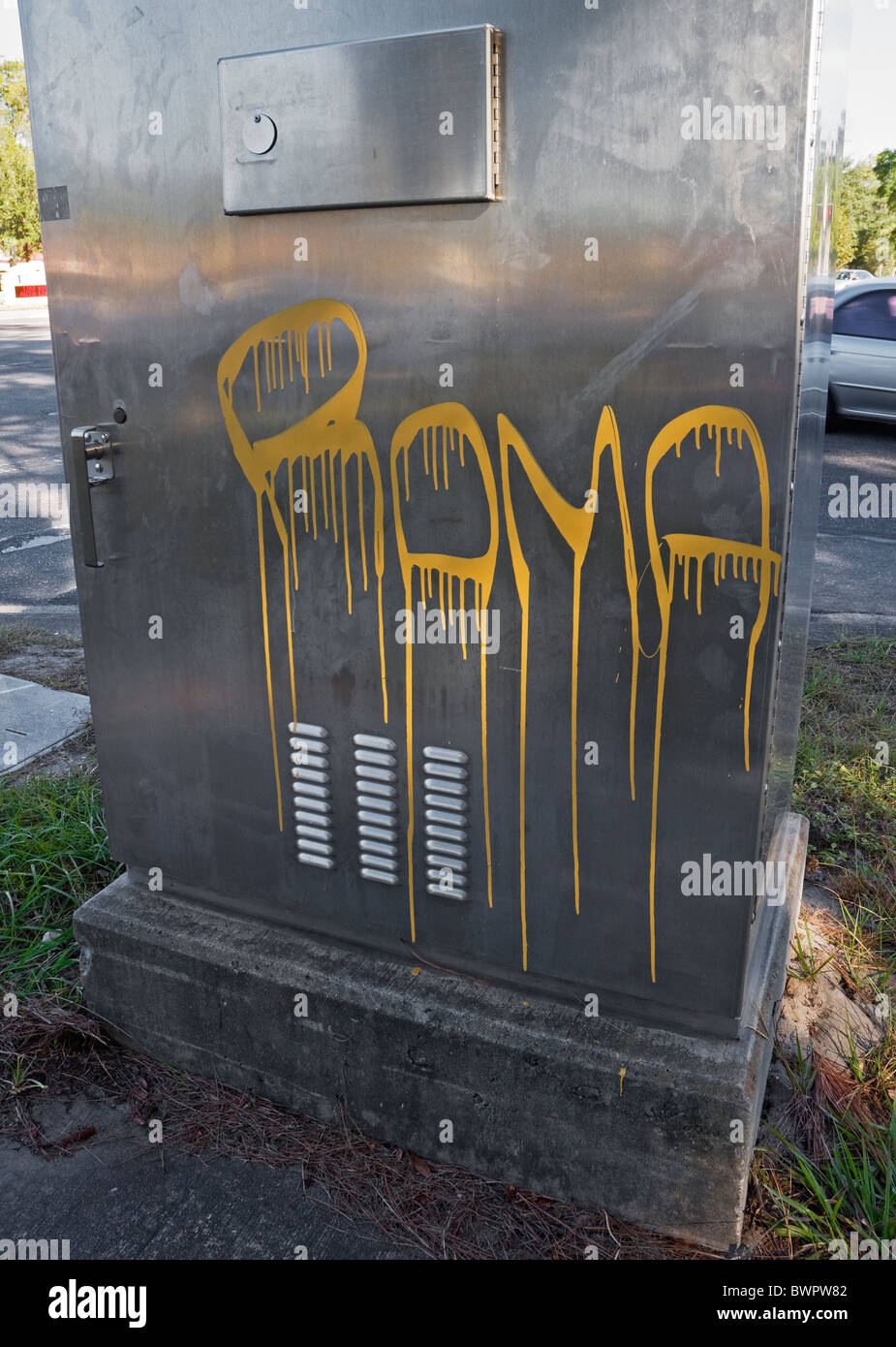 ROMA tagging graffiti on roadside power box Gainesville Florida Stock ...