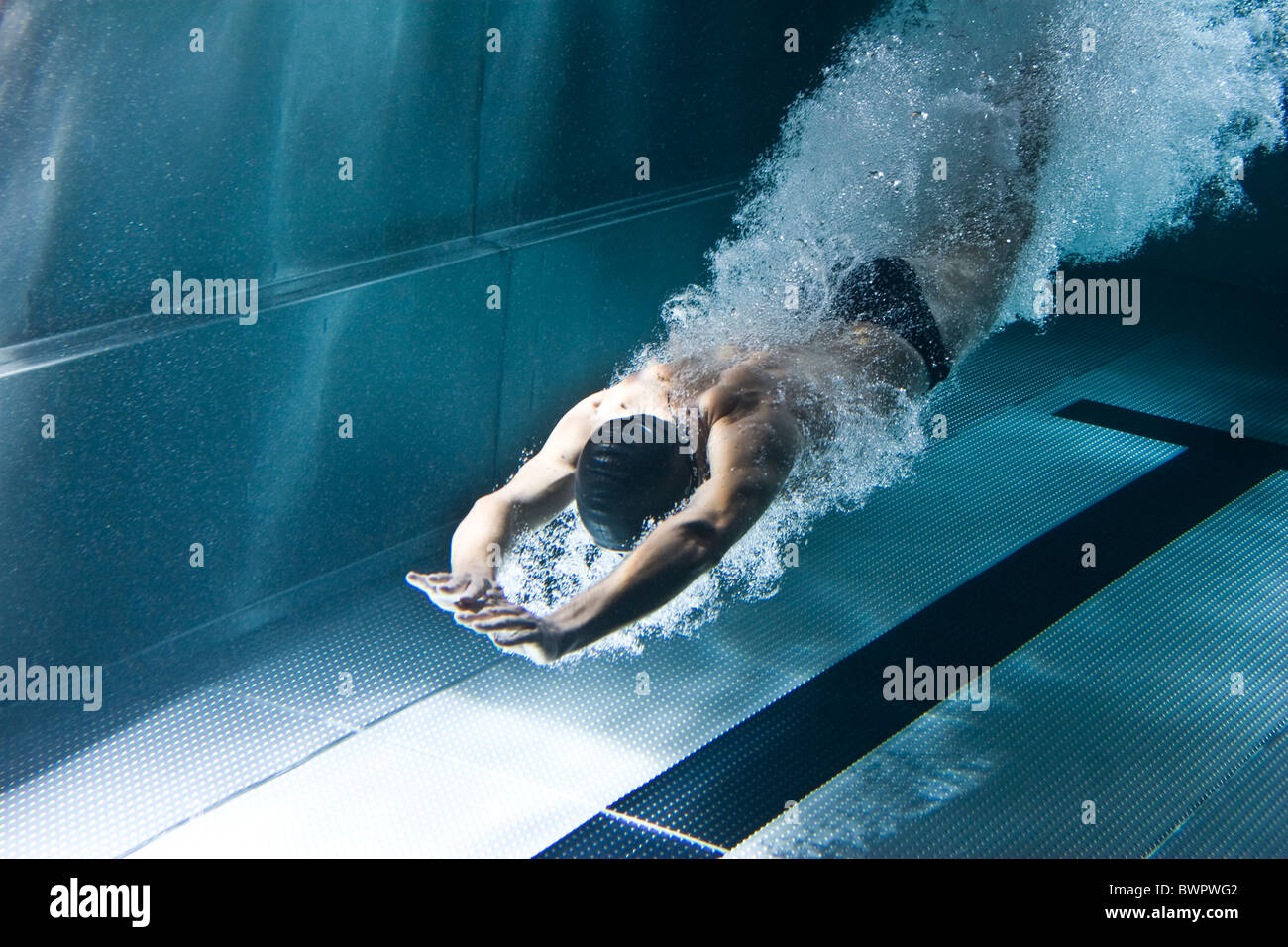 professional swimmer underwater after the jump Stock Photo - Alamy