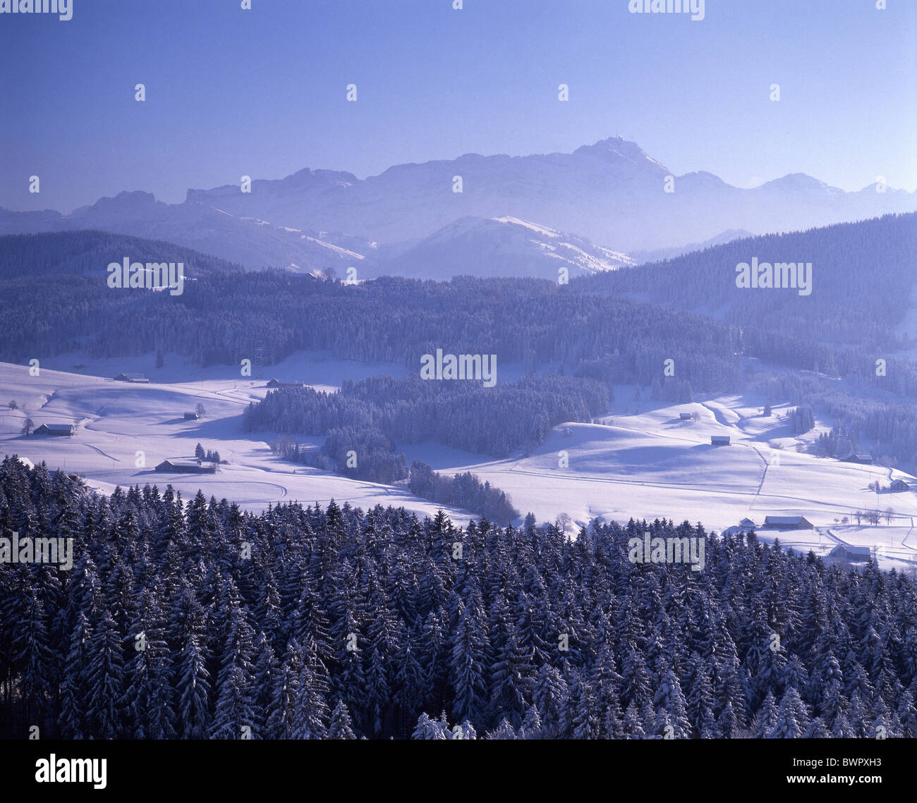Switzerland Europe Appenzell Winter Landscape mountains snow overview ...