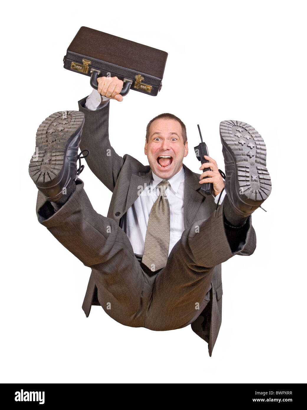 jump businessman with telephone Stock Photo - Alamy