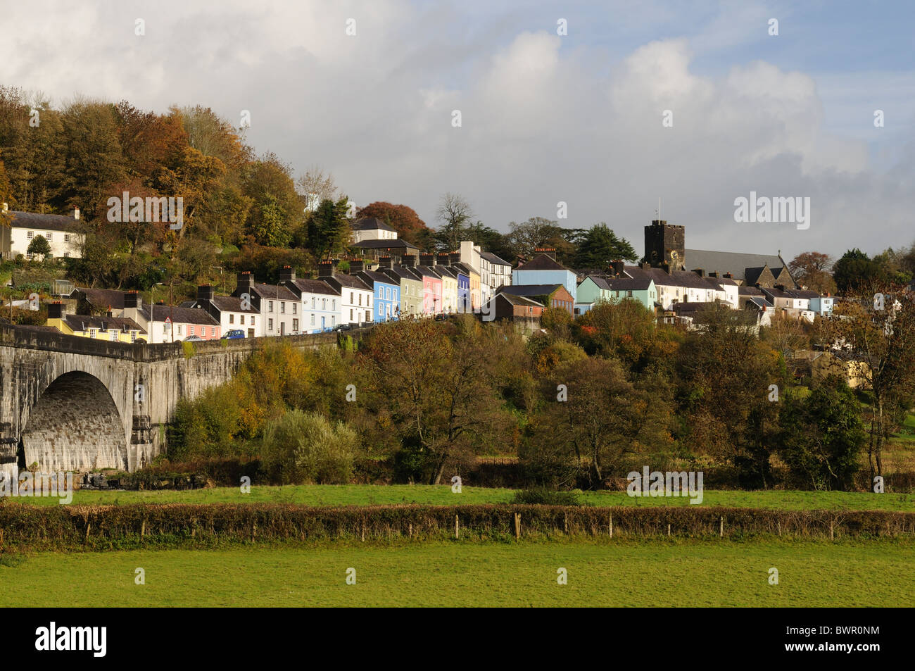 Llandeilo Town from afon Tywi towy River autumn afternoon Stock Photo ...