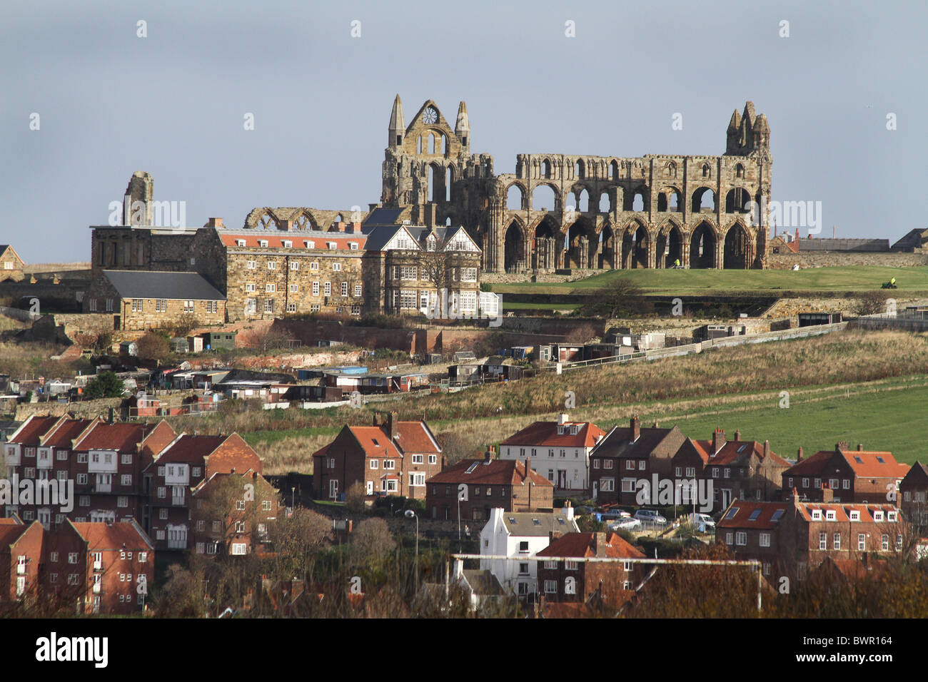 Whitby Abbey and Saint Mary's church from the north side of the town ...