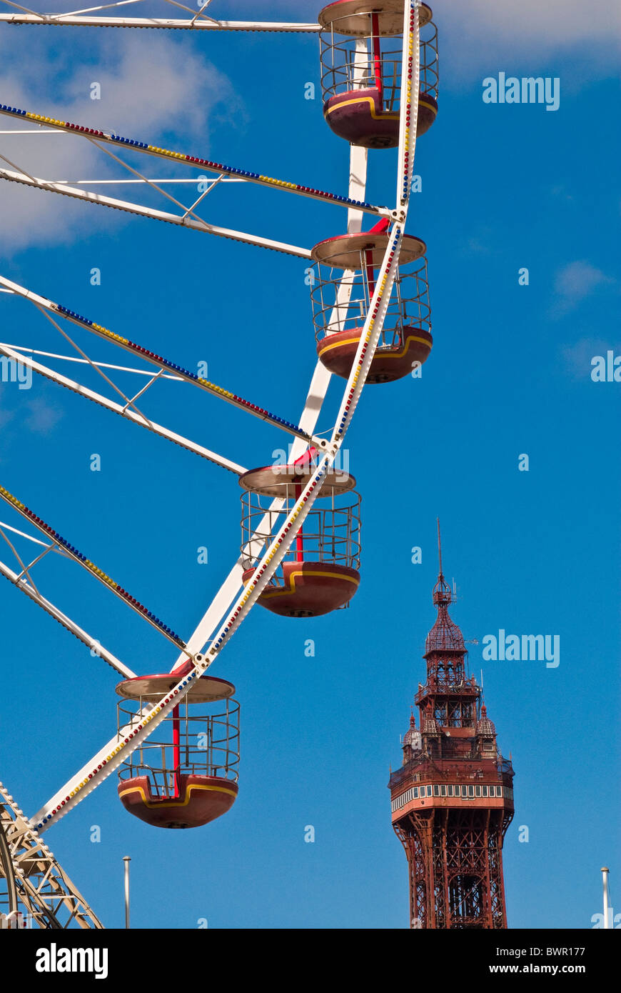 Blackpool Tower and the big wheel on the central pier Stock Photo - Alamy