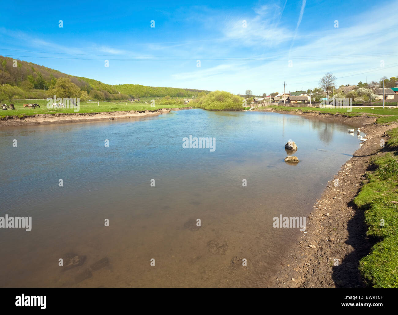 Spring country landscape with village and river ( Lviv Oblast, Ukraine ...