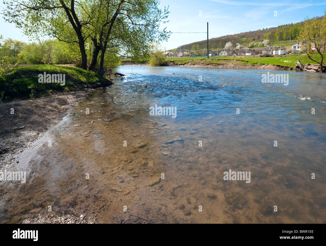 Spring country landscape with village and river ( Lviv Oblast, Ukraine ...