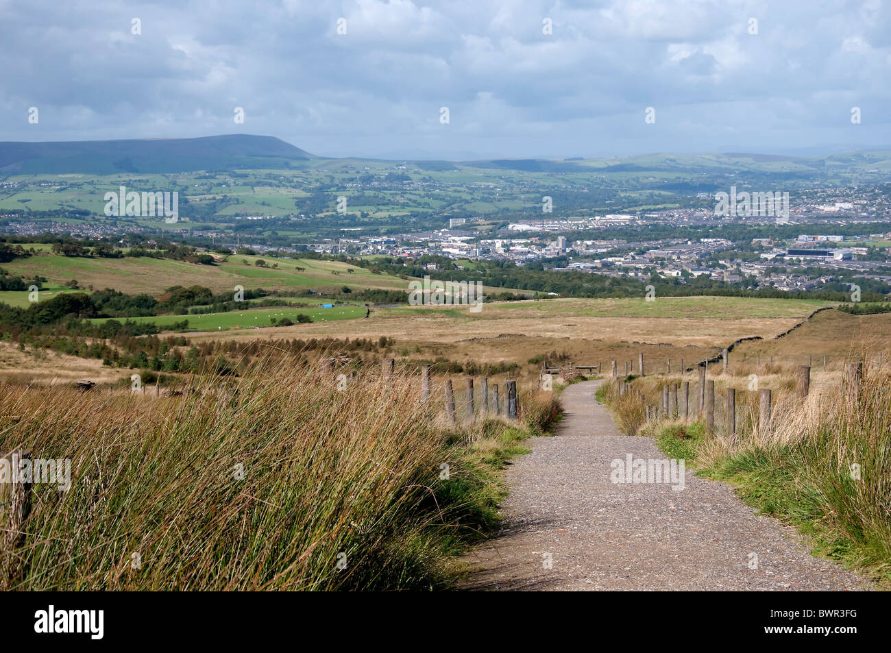 Pendle Hill from high on the moors above Burnley in Lancashire in ...