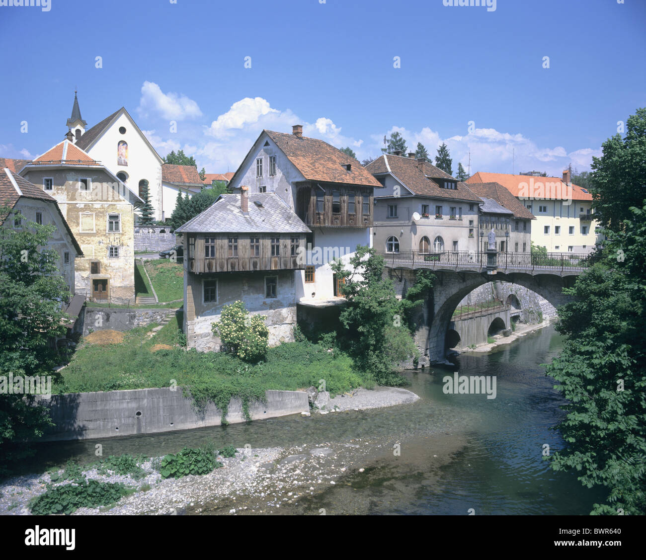 Slovenia Skofja Loka city town Skofja Loka bridge Selska Sora river ...