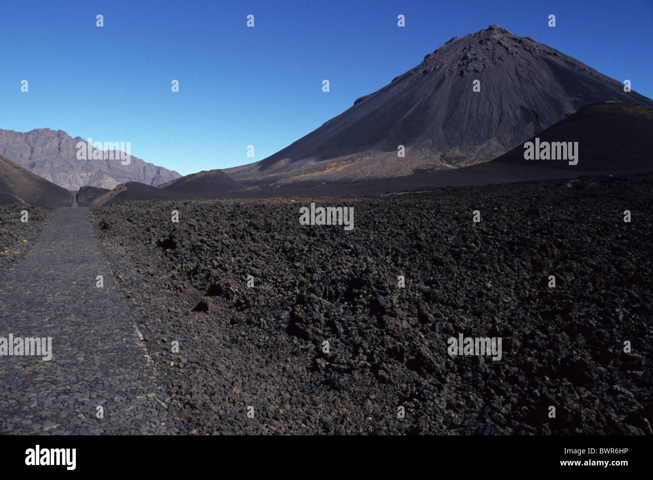 Cape Verde Fogo island Pico de Fogo volcano landscape black track way ...