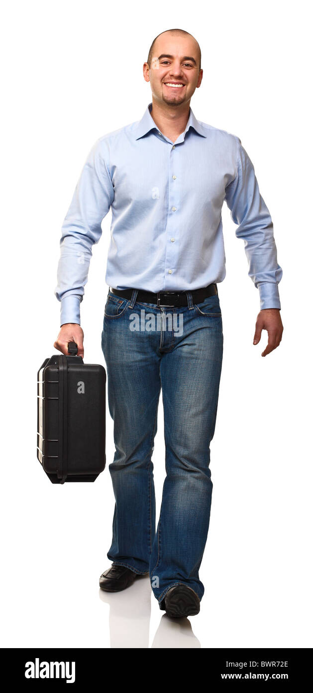smiling walking man with black case isolated on white Stock Photo - Alamy