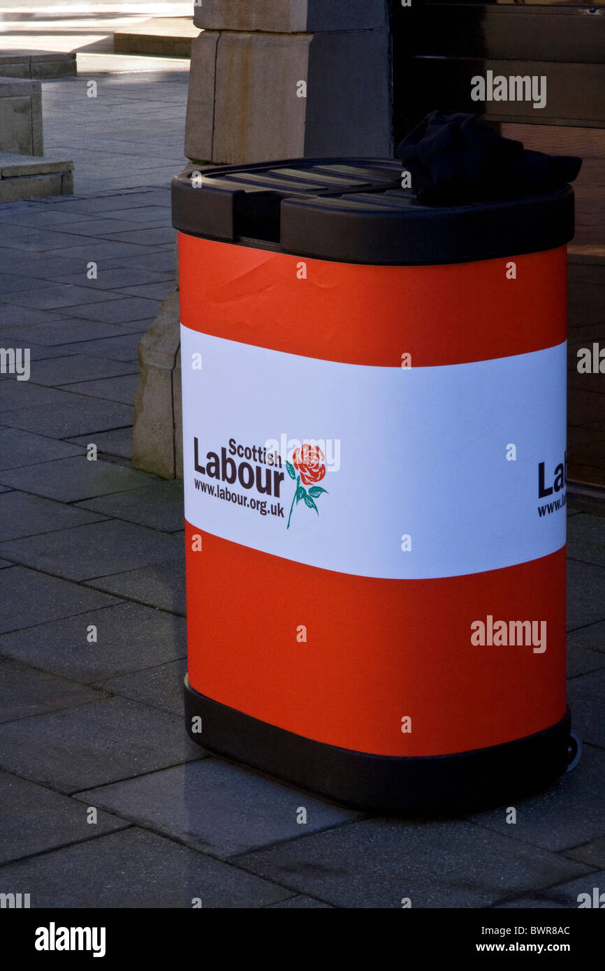 A bollard with a poster displaying the Scottish Labour Party campaign ...
