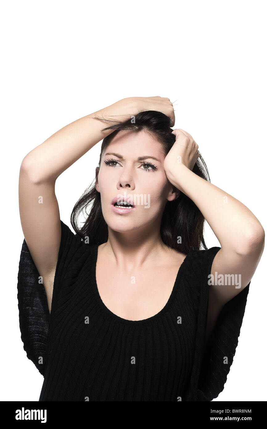 woman beautiful portrait on studio isolated white background pensive ...