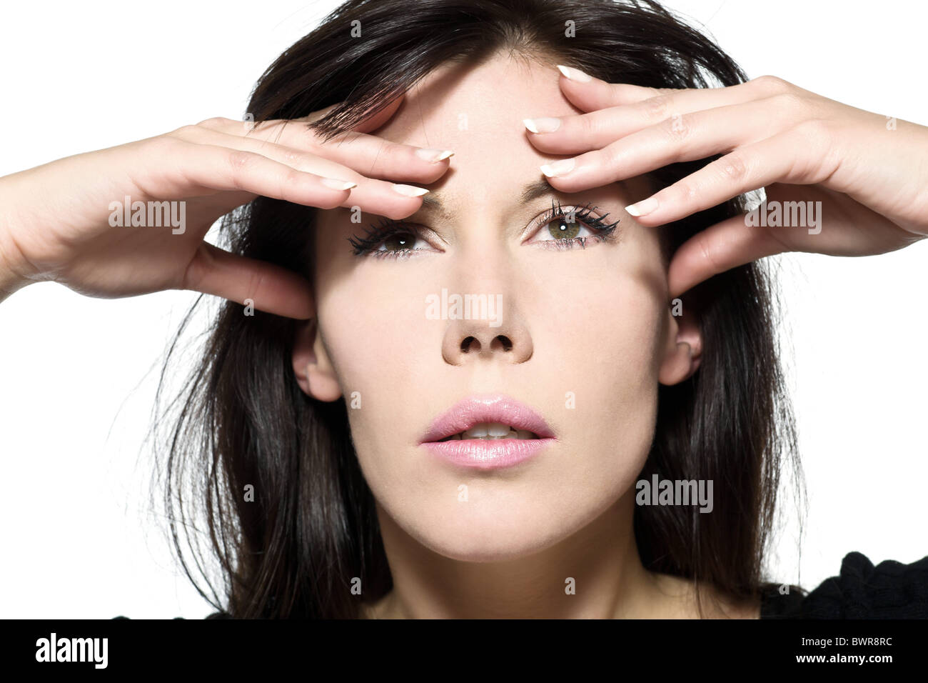 woman beautiful portrait on studio isolated white background pensive ...