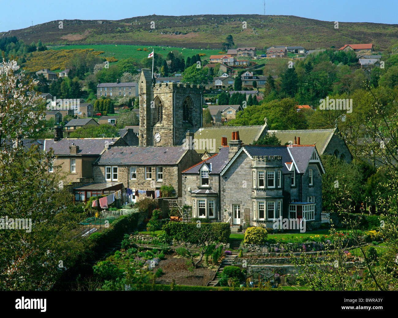 A view in summer of Rothbury and All Saints Church, Northumberland ...