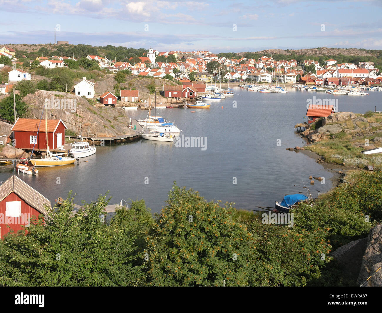 Sweden Europe Bohuslan Province Bohus-Malmon Island coast overview from above high angle village ...