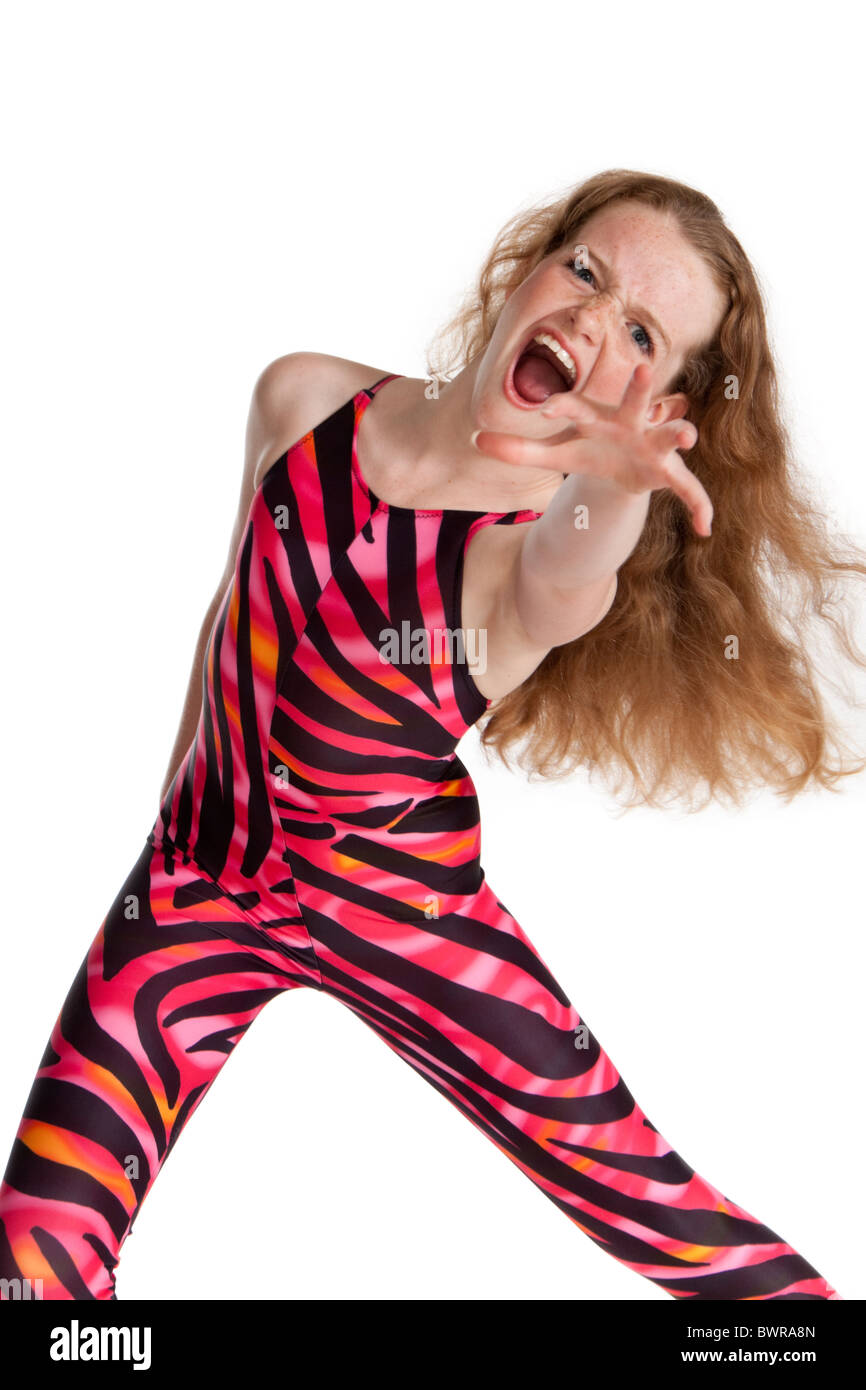 Studio shot of beautiful young girl in modern / jazz dancing costume ...
