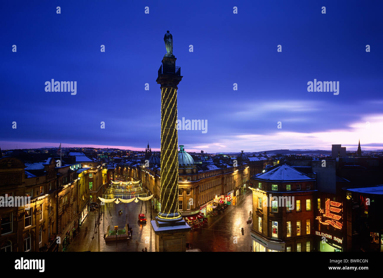 A night-time view of Grey's Monument and Newcastle City Centre at ...