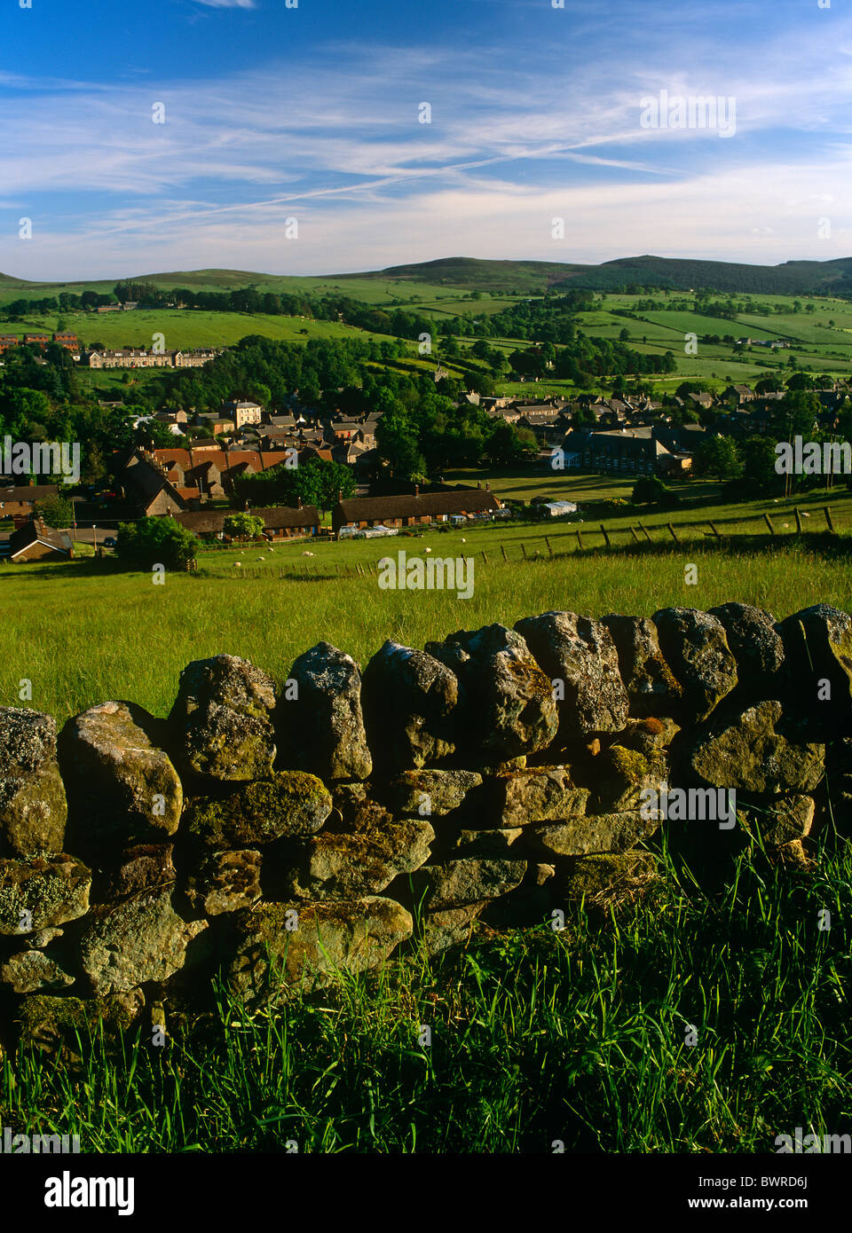 A view in summer of Rothbury and the Simonside Hills in Northumberland ...