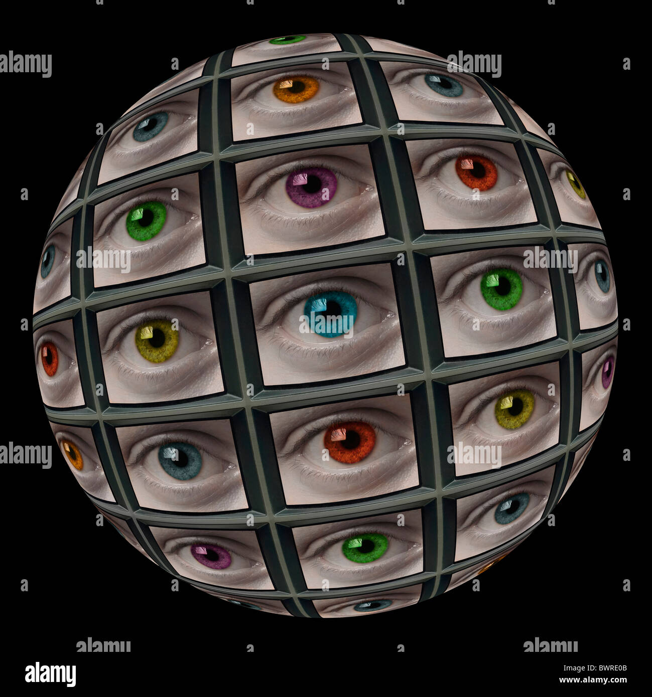 Sphere of video screens showing multi-colored eyes. On black background ...