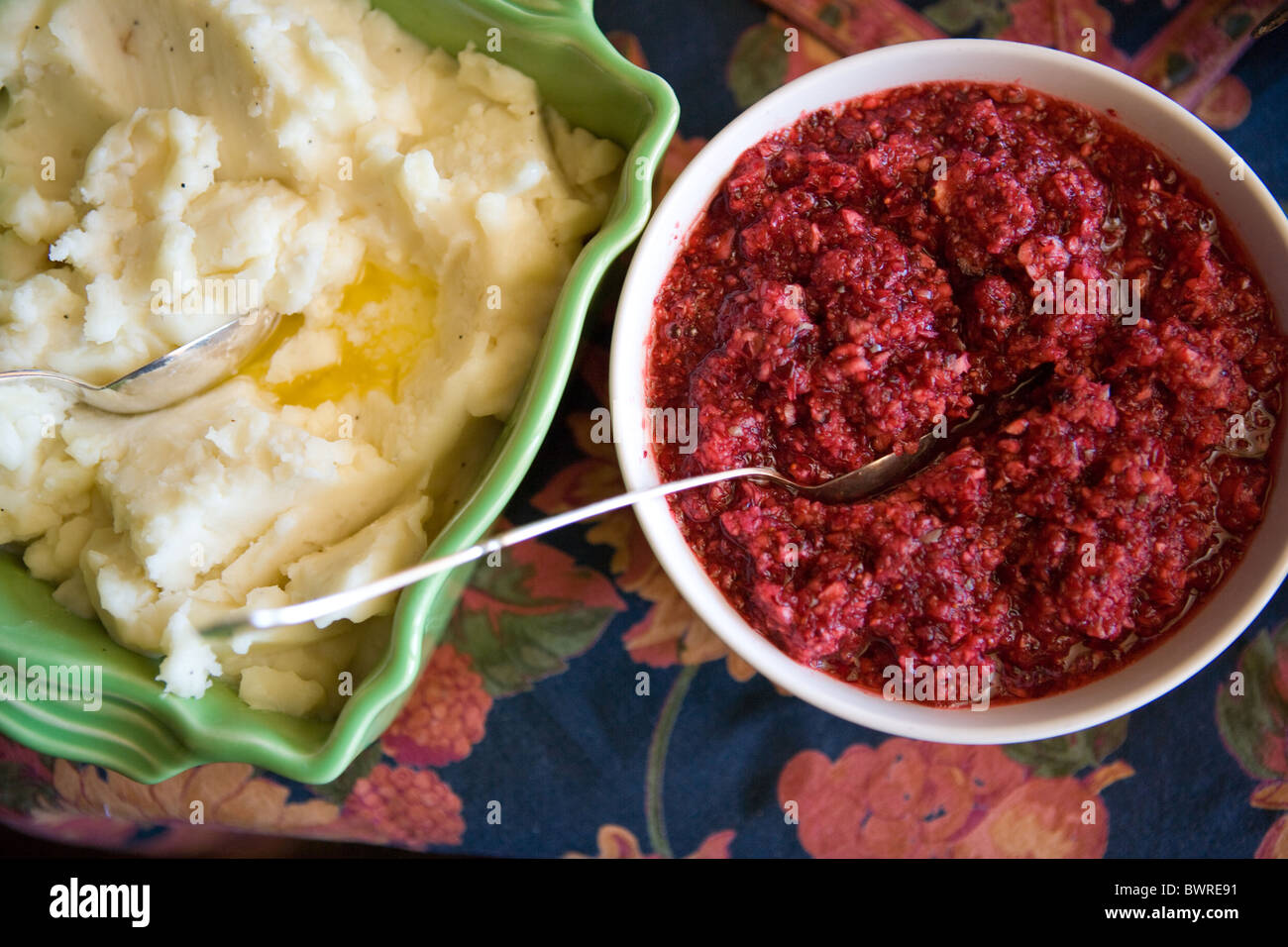 high angle view of two traditional holiday side dishes, mashed potatoes ...