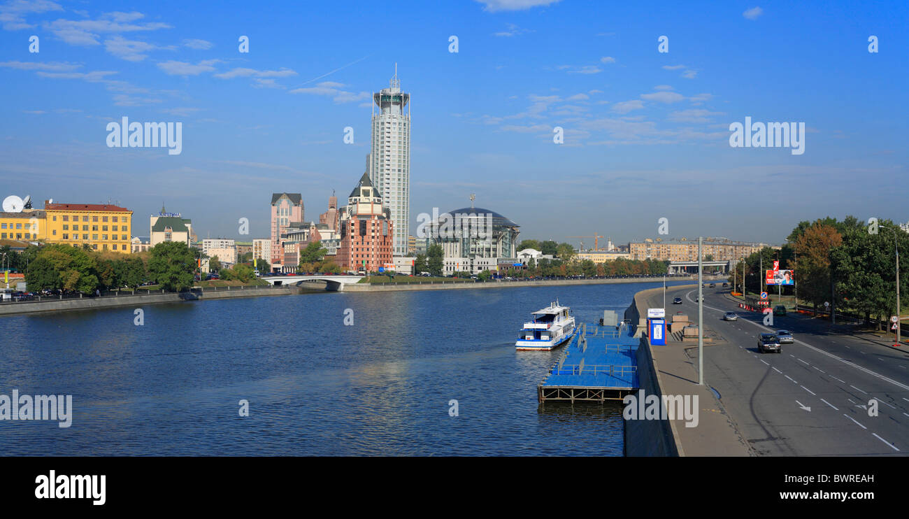 Moscow Russia Modern high building House of Music Moskva river blue sky ...