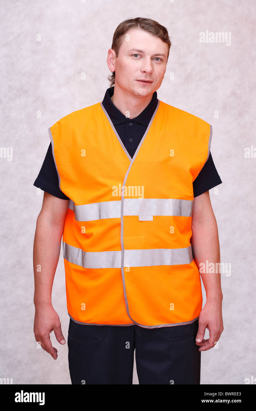 Road worker Man work Uniform orange industry Dress young studio ...