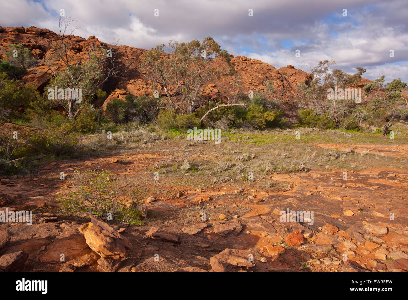 Rocky red hills and red sand in foreground, Mutawintji National Park ...