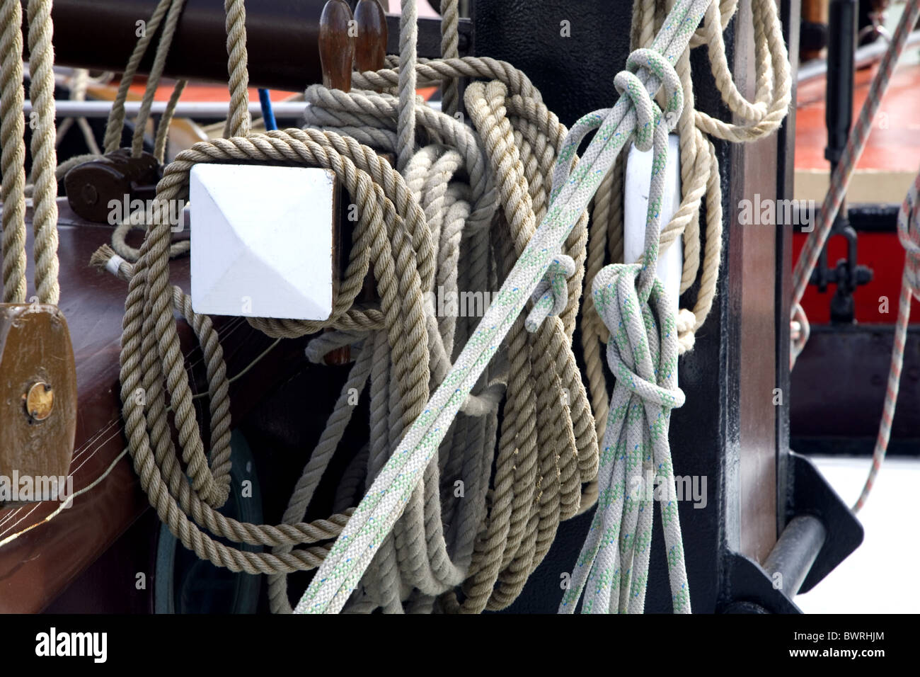Rigging on a traditional ship in the harbour of the medieval port ...