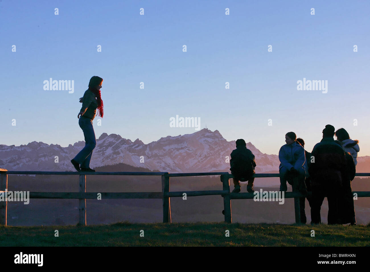 Switzerland Europe Appenzell Kaien group people Fence Balance Balancing ...