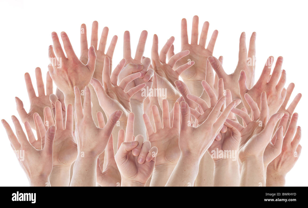 happy hands crowd on white background Stock Photo - Alamy