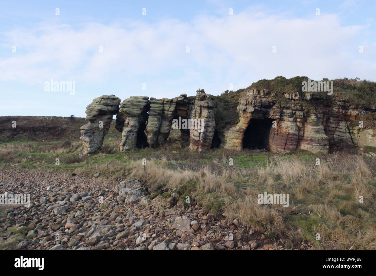 Caiplie Caves sandstone rock formation on Fife Coastal Path Scotland ...