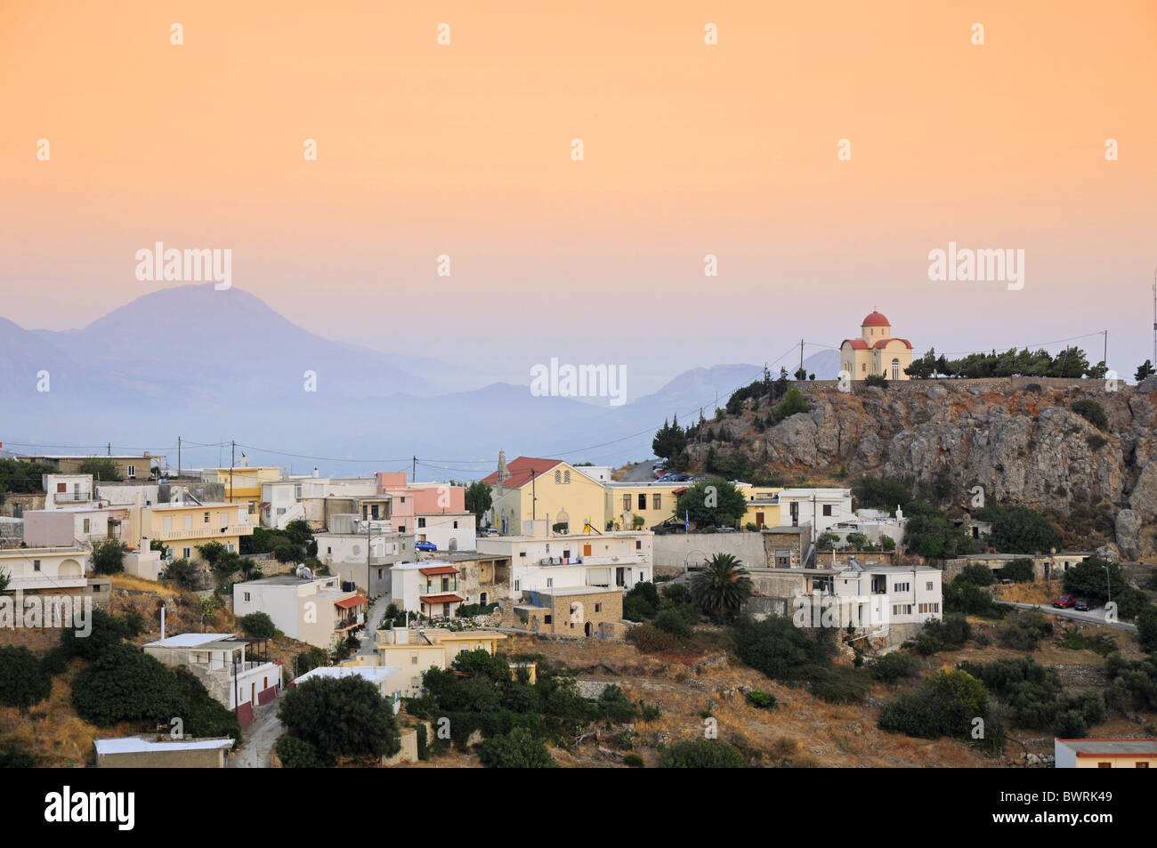 Panorama of the Selia traditional Greek village in the evening. Crete ...
