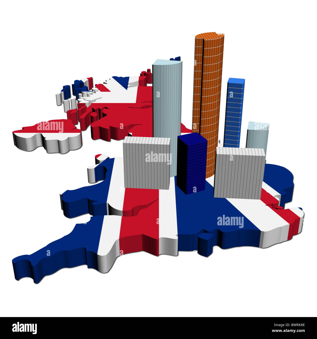 abstract skyscrapers on Britain map flag illustration Stock Photo - Alamy