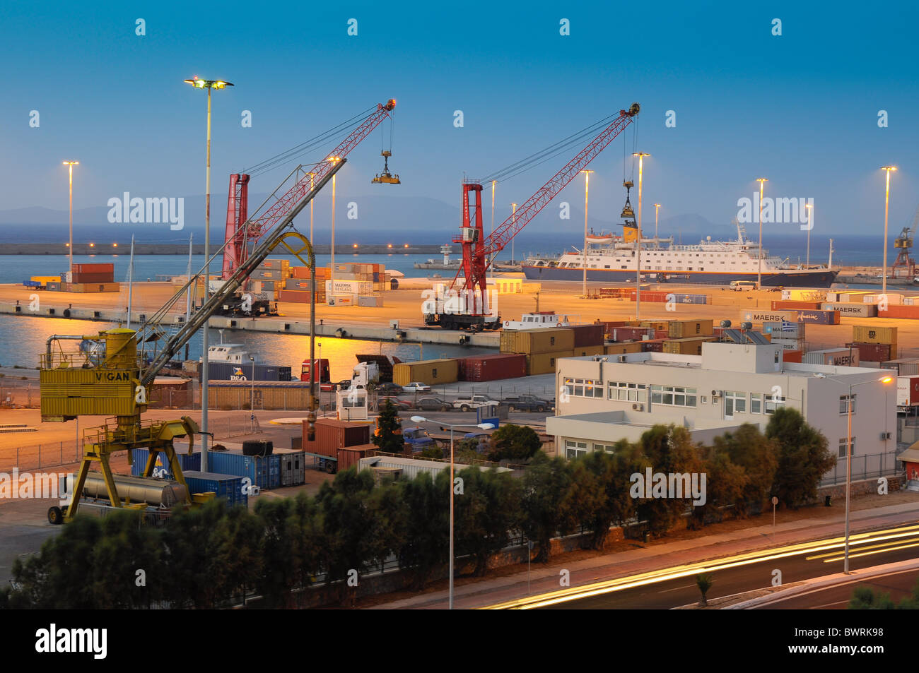 Night photo of cargo sea port in Heraklion, Crete (Greece Stock Photo ...
