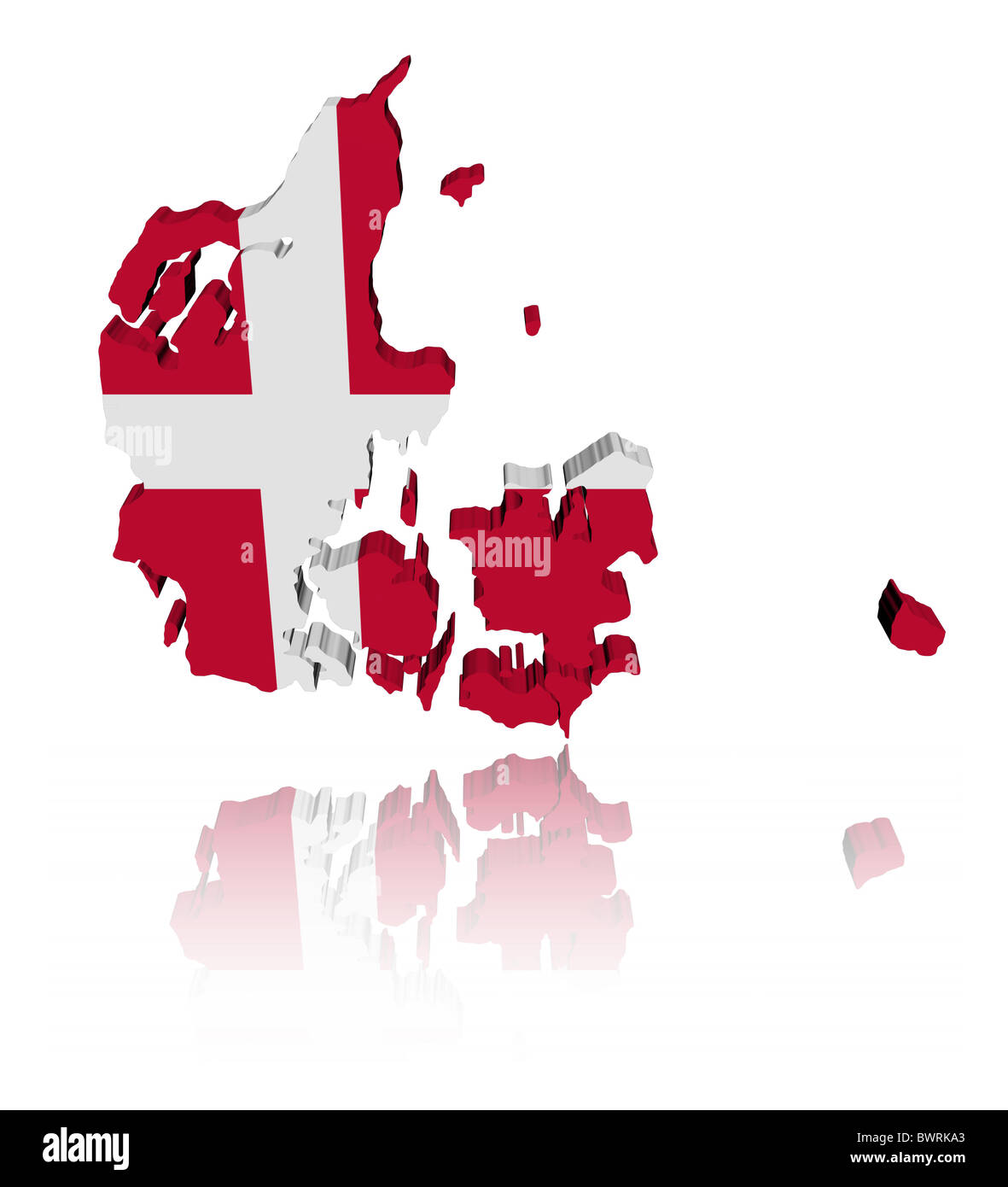 Denmark map flag 3d render with reflection illustration Stock Photo - Alamy