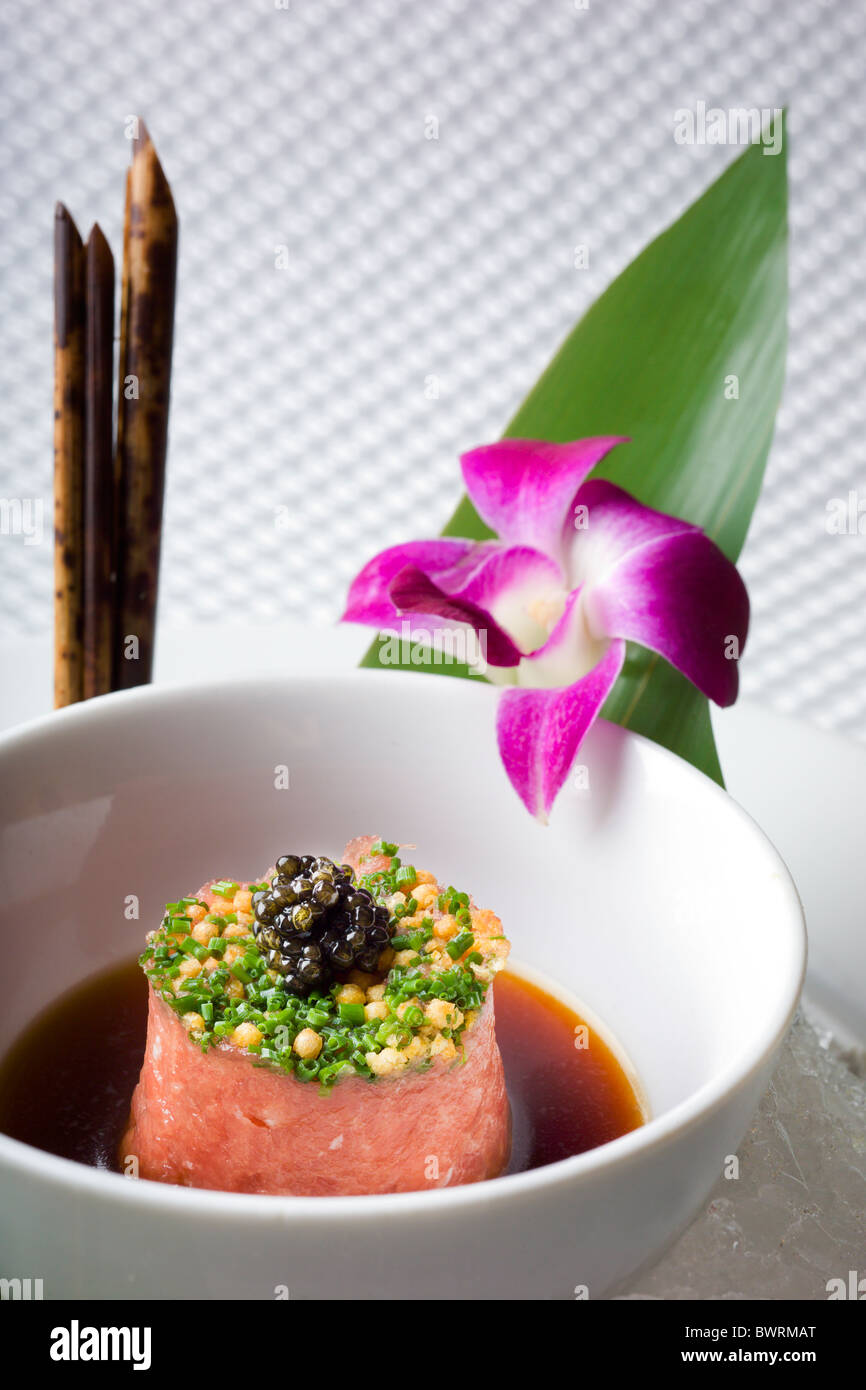 Toro Tartare with Rice Cracker and Caviar prepared by Iron Chef ...