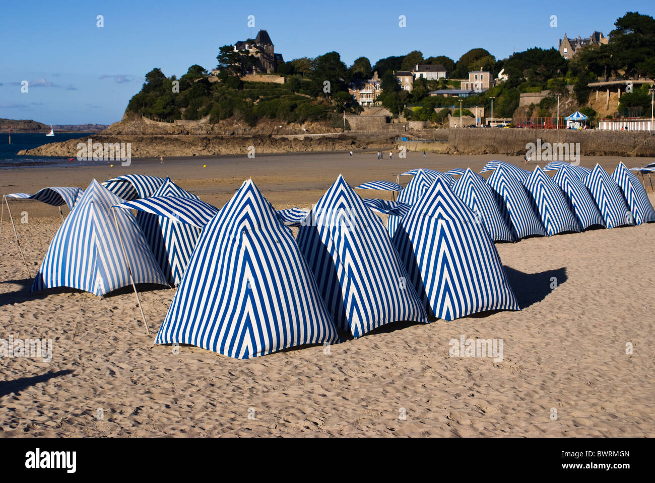 Dinard, blue and white striped beach huts Stock Photo - Alamy
