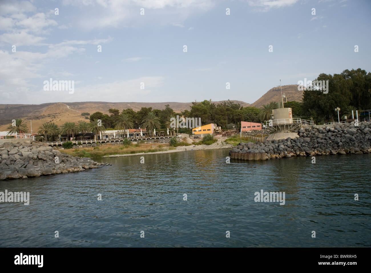 The shore of the sea of Galilee and the harbour at Ein Gev, Israel ...