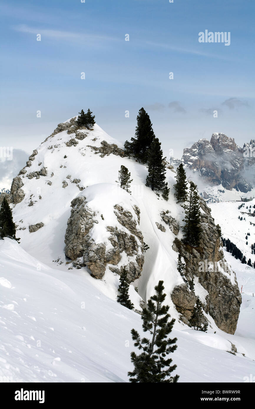 Rock formation and mountain summits Val Gardena Dolomites Selva Italy ...