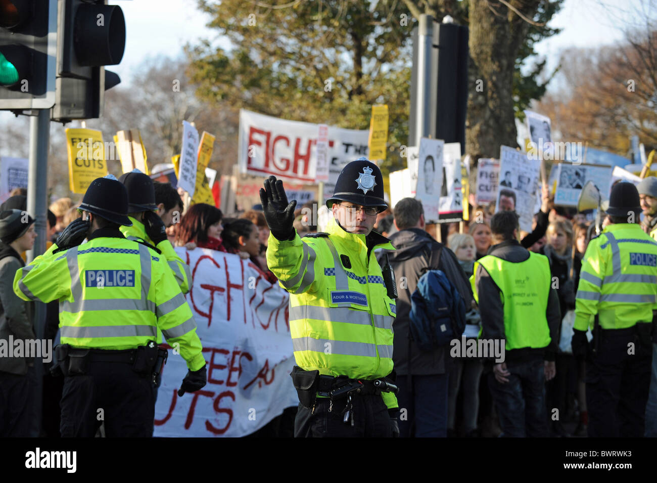 A heavily policed student protest march through Brighton UK ...