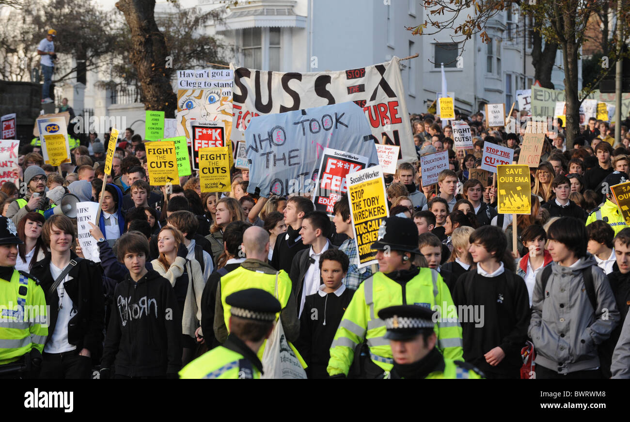 A heavily policed student protest march through Brighton UK ...