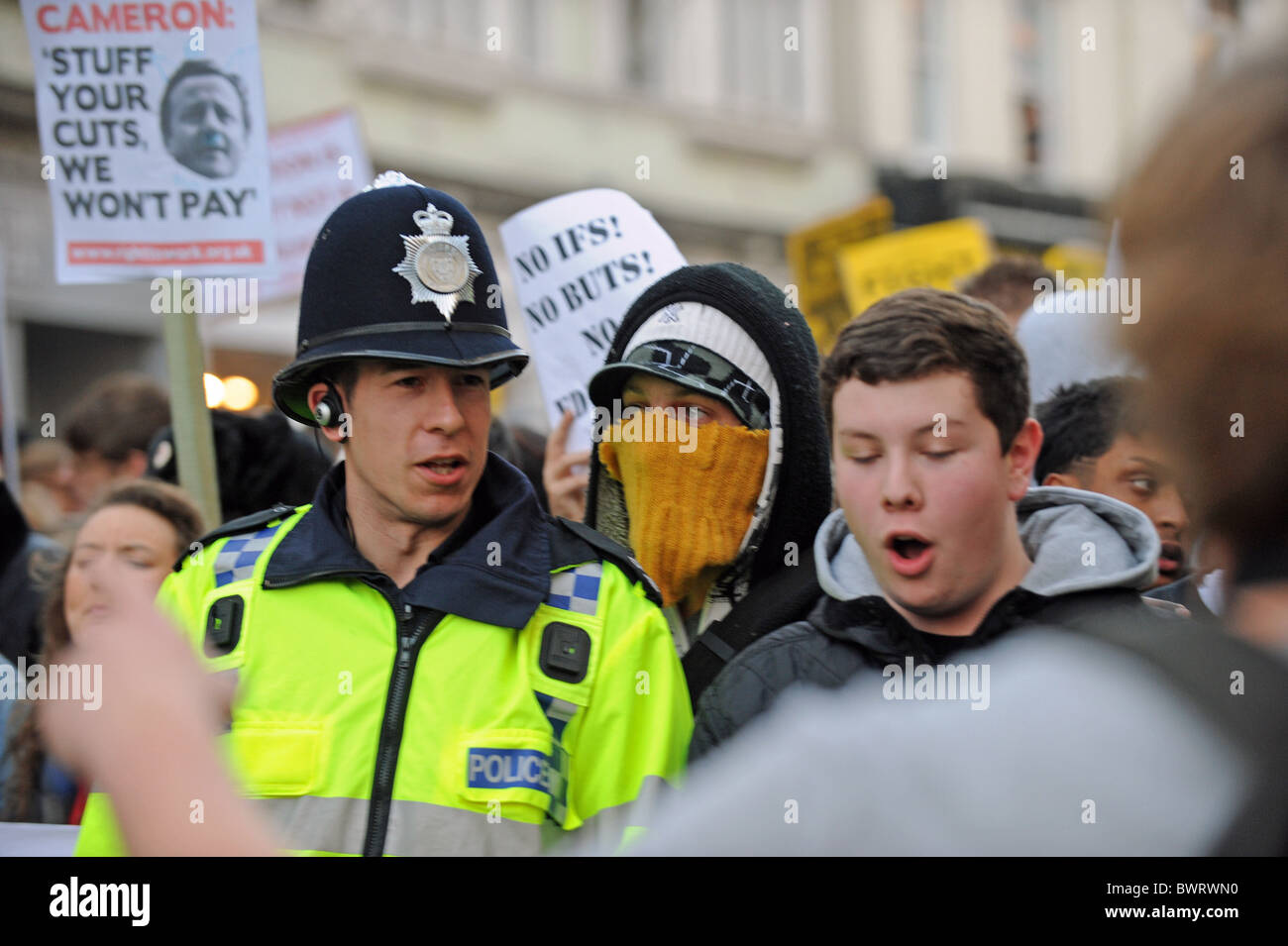 A heavily policed student protest march through Brighton UK ...