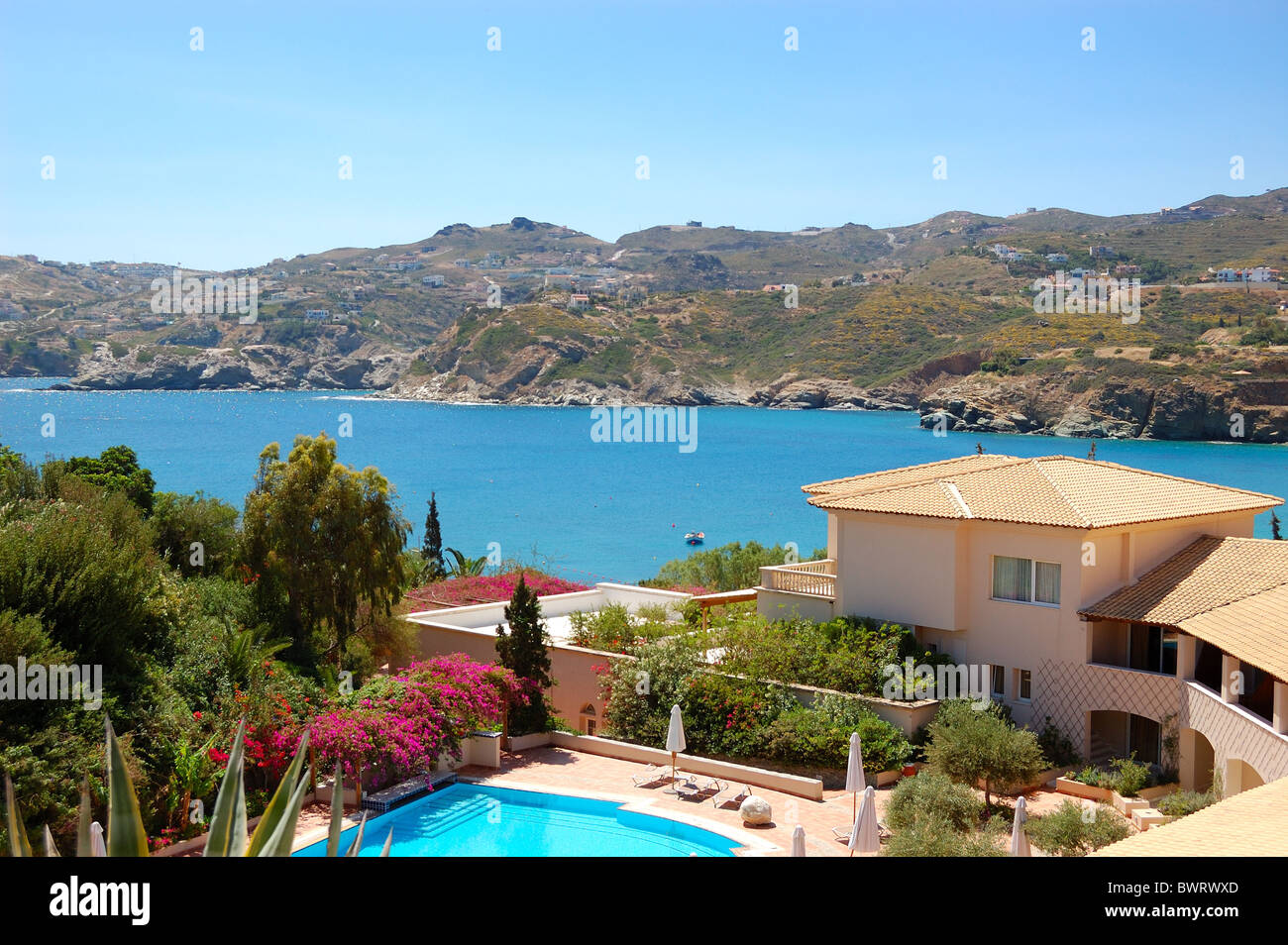 Swimming pool at the modern luxury villa, Crete, Greece Stock Photo - Alamy