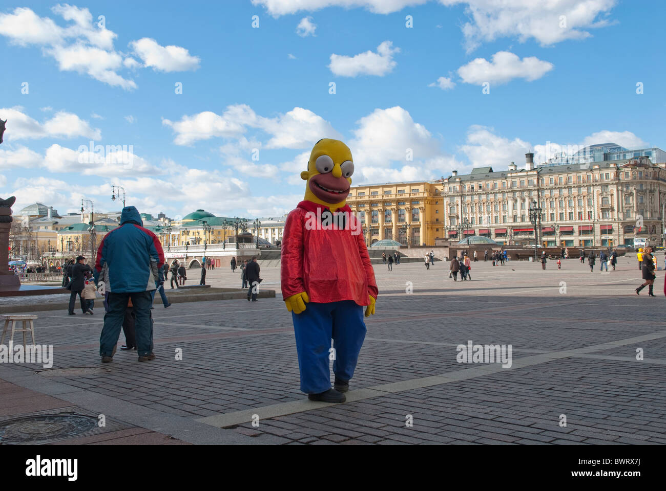 A man in a Homer Simpson costume near Red Square, Moscow, Russia Stock ...
