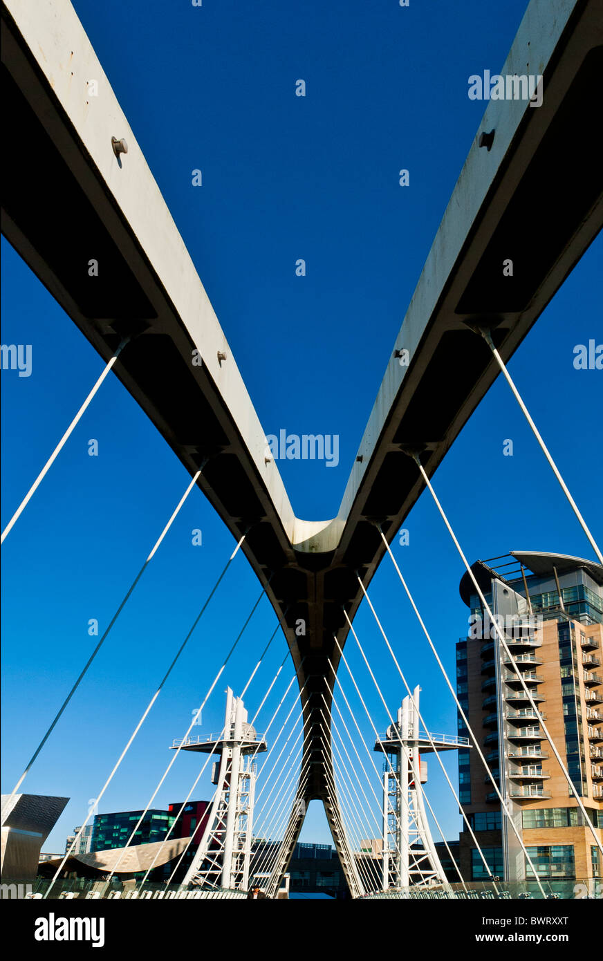 Lifting bridge at Salford Quays, Manchester, England, UK Stock Photo ...