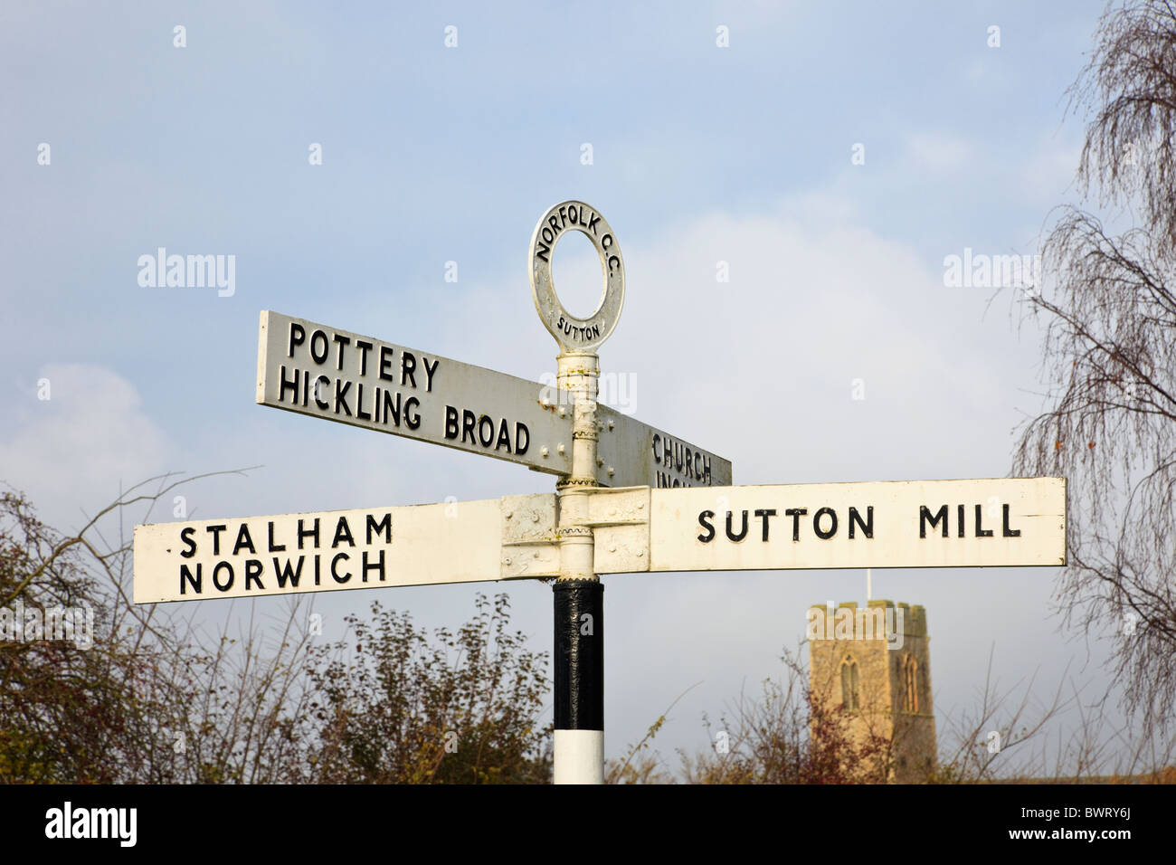 Sutton, Norfolk, England, UK, Europe. Traditional road signpost ...