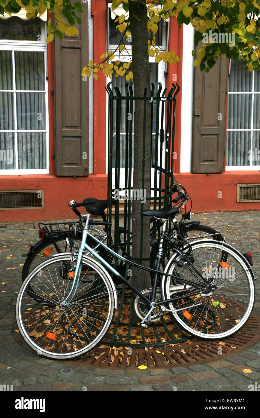 Two cycles locked to a tree Stock Photo - Alamy
