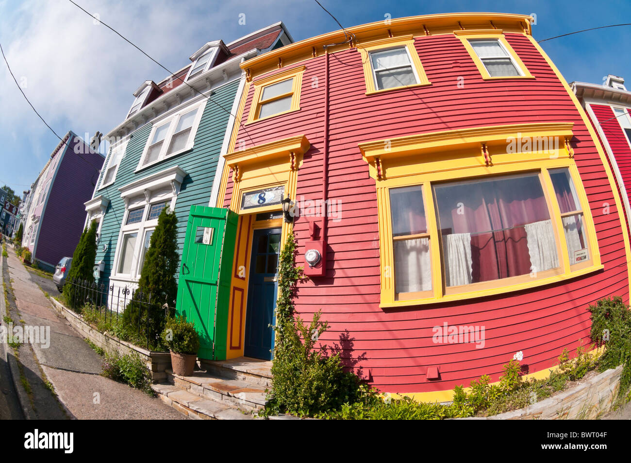 Fish-eye image of colorful jelly bean row houses, Wood Street, St. John ...