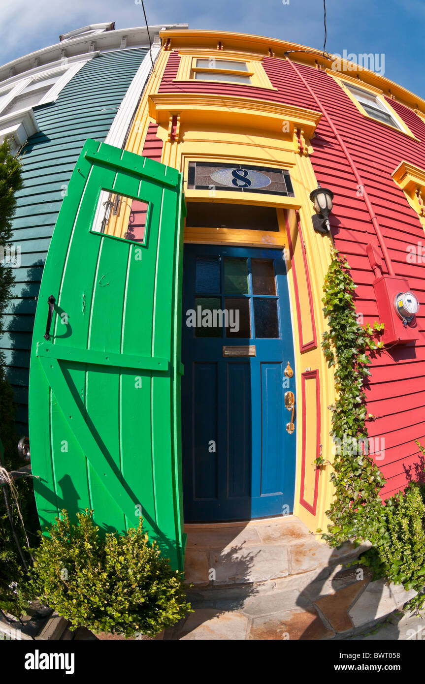 Fish-eye image of a colorful jelly bean row houses, Wood Street, St ...