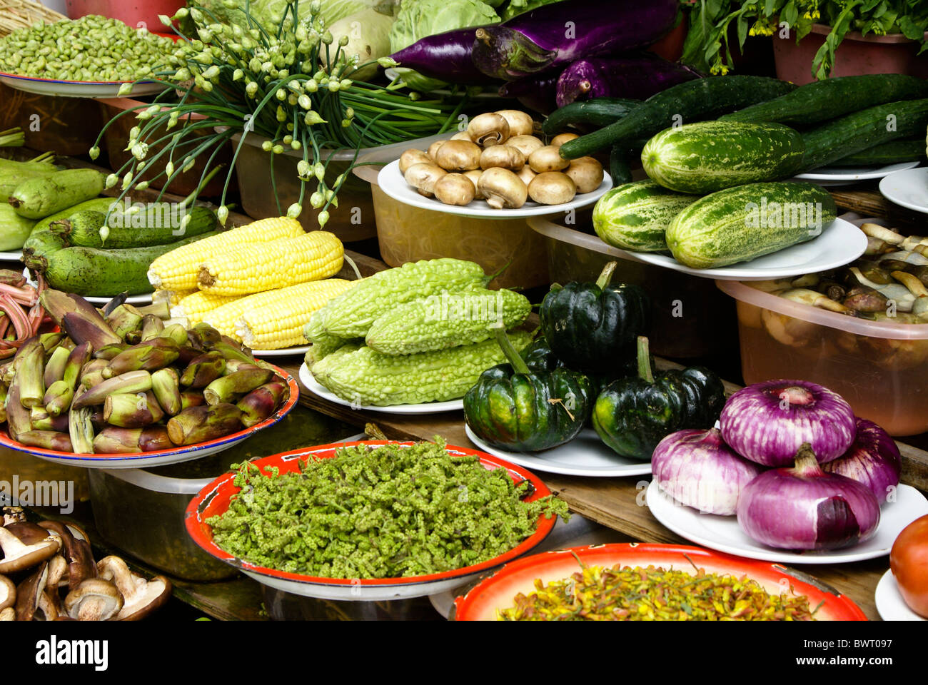 Vegetable display at restaurant, Dali, Yunnan, China Stock Photo - Alamy