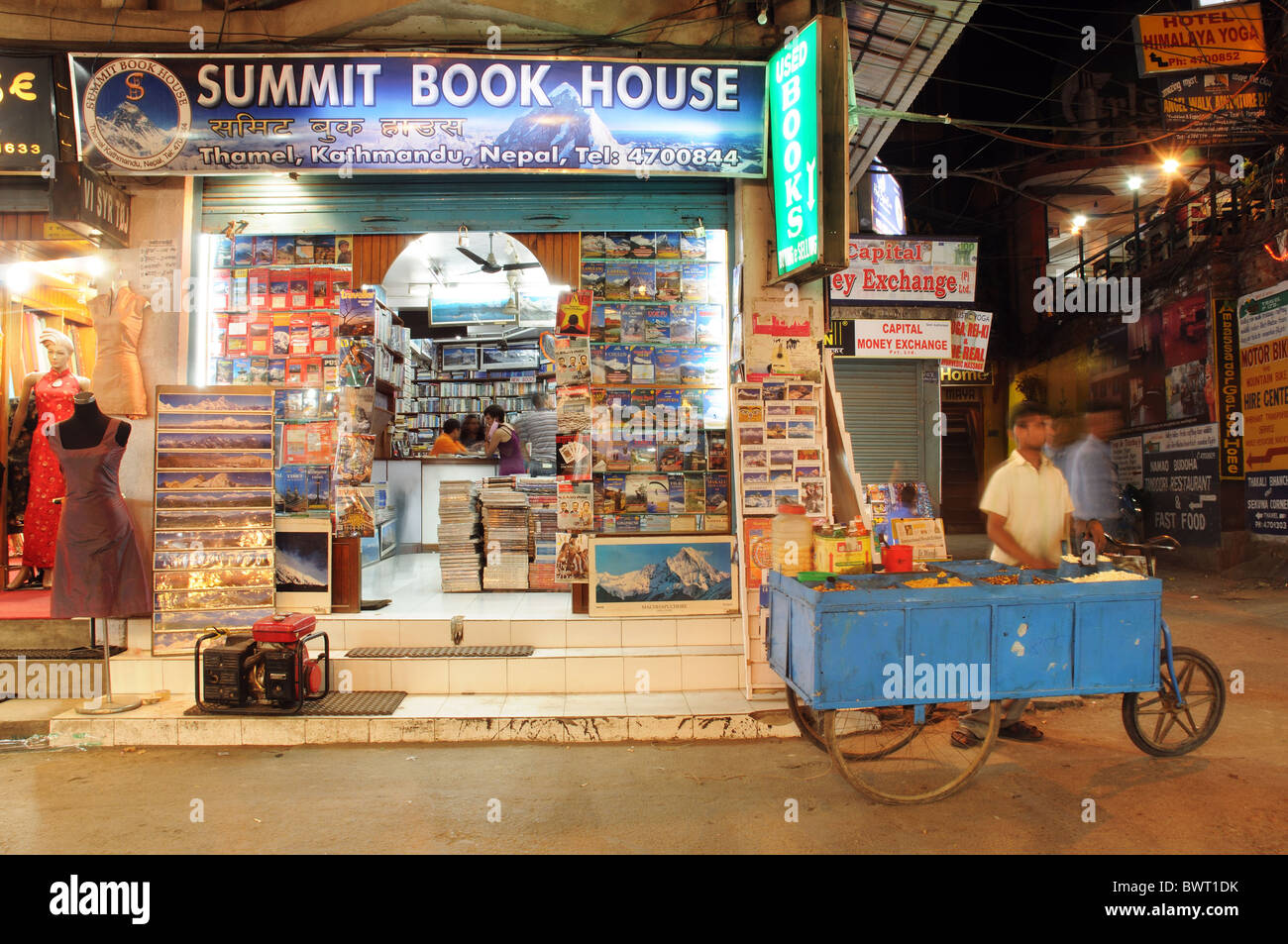 The famous Summit Book House bookshop in Thamel in Kathmandu at night ...